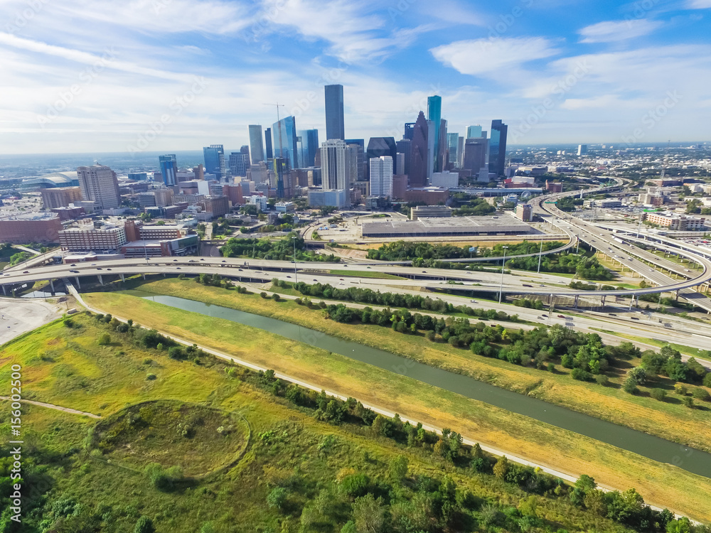 Aerial view Downtown with Interstate 10, 45 and Gulf freeway ...