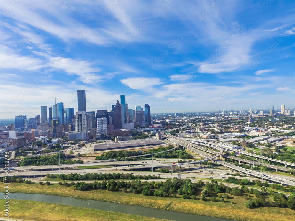 Aerial view Downtown with Interstate 10, 45 and Gulf freeway ...