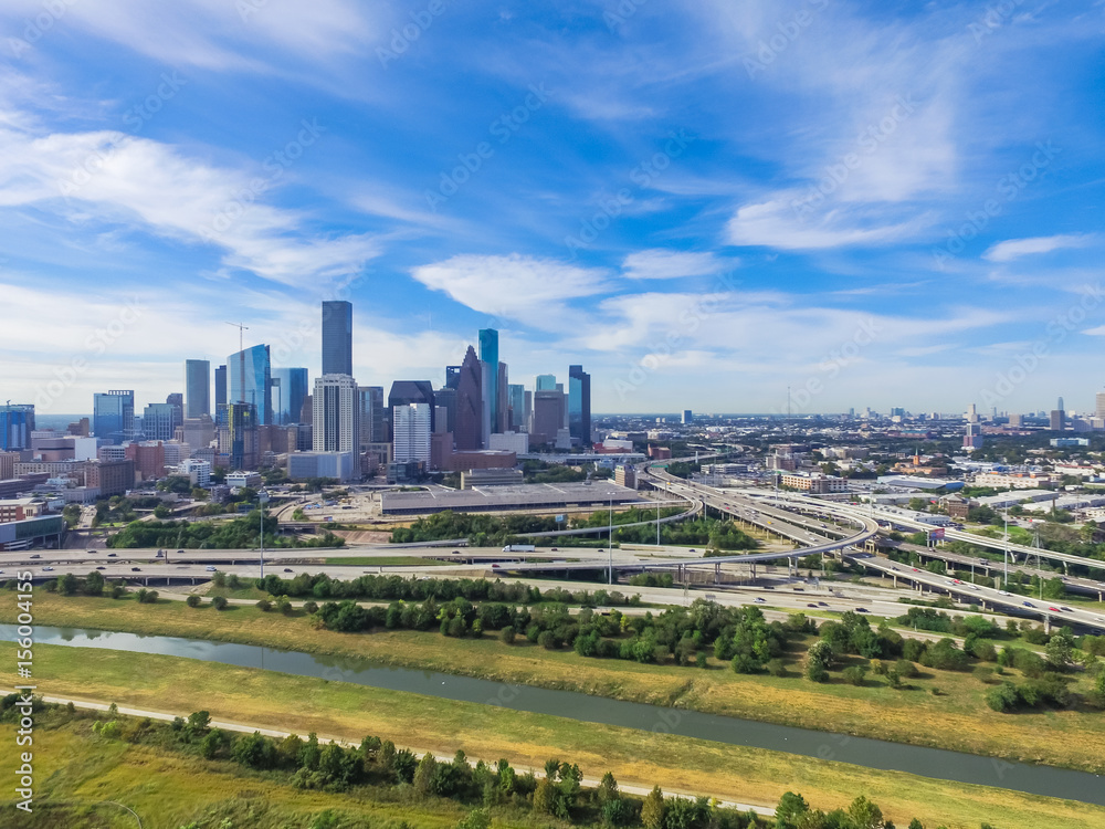 Aerial view Downtown with Interstate 10, 45 and Gulf freeway ...