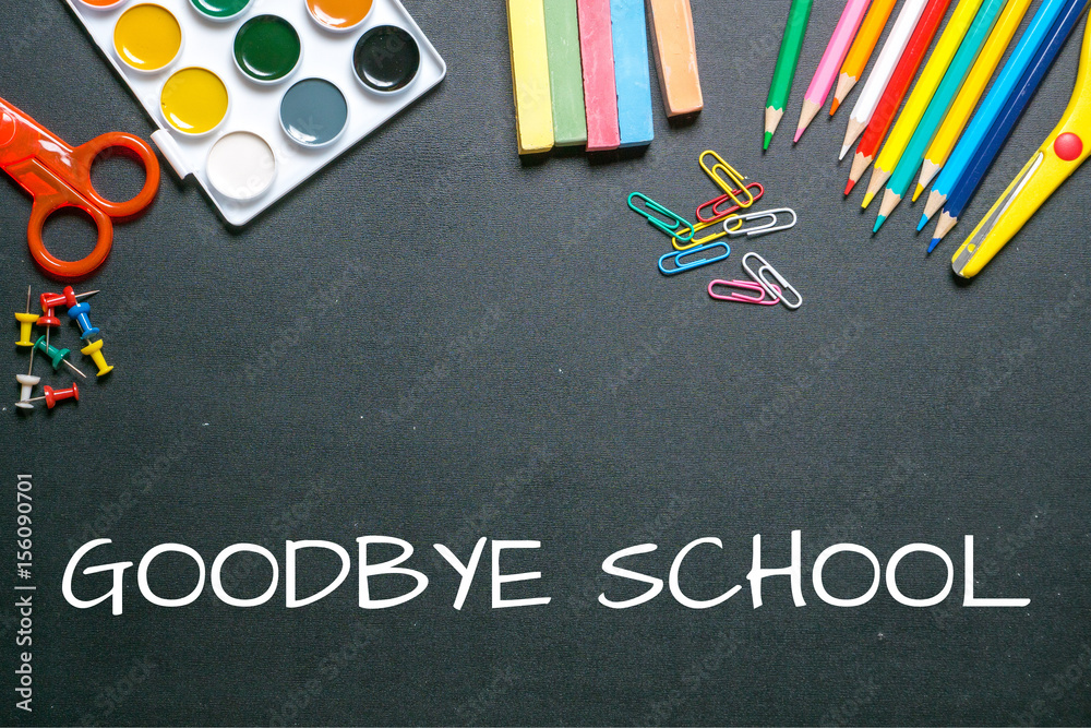 Foto Stock goodbye school chalk text on black board | Adobe Stock