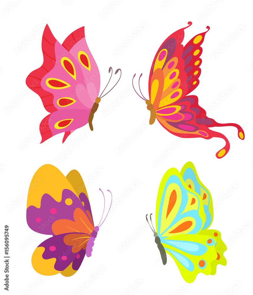 cartoon flying butterflies set isolated on white. vector illustration ...