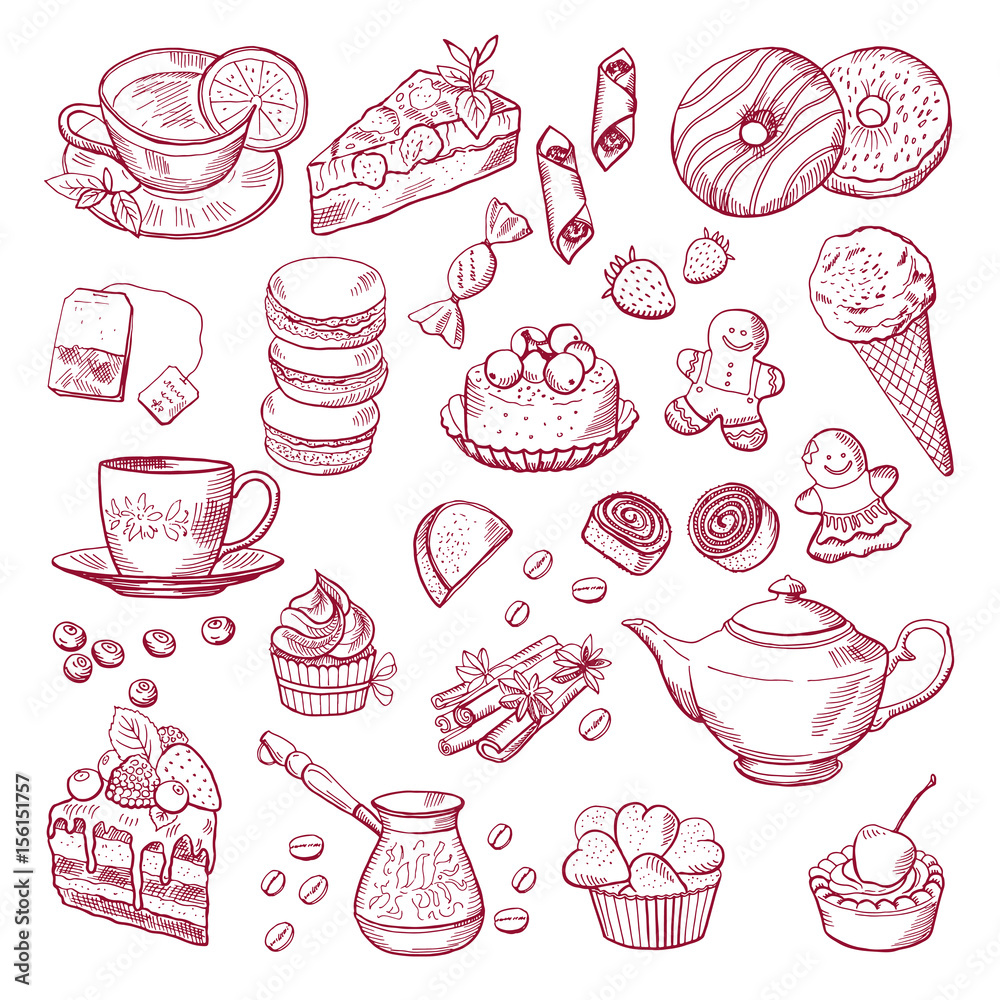 Tea and coffee different elements. Sweets, cupcakes. Hand drawn vector ...