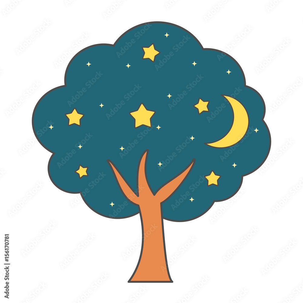 cute cartoon tree night vector illustration isolated on white ...