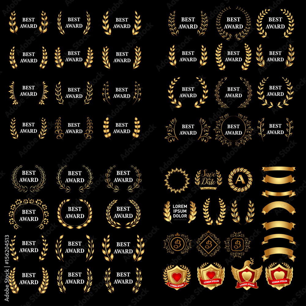 Best award Vector gold award laurel wreath set. Winner label, leaf ...