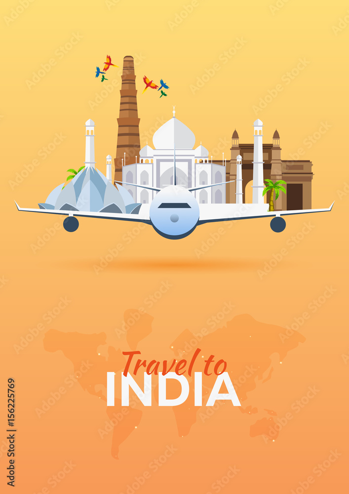 Travel to India. Airplane with Attractions. Travel vector banners. Flat ...