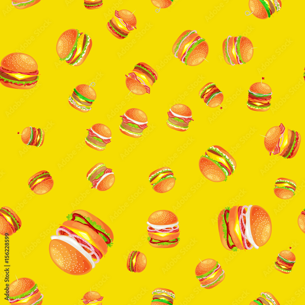 Seamless pattern tasty burger grilled beef and fresh vegetables dressed ...