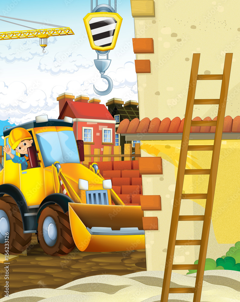 cartoon scene with different construction site vehicles - illustration ...
