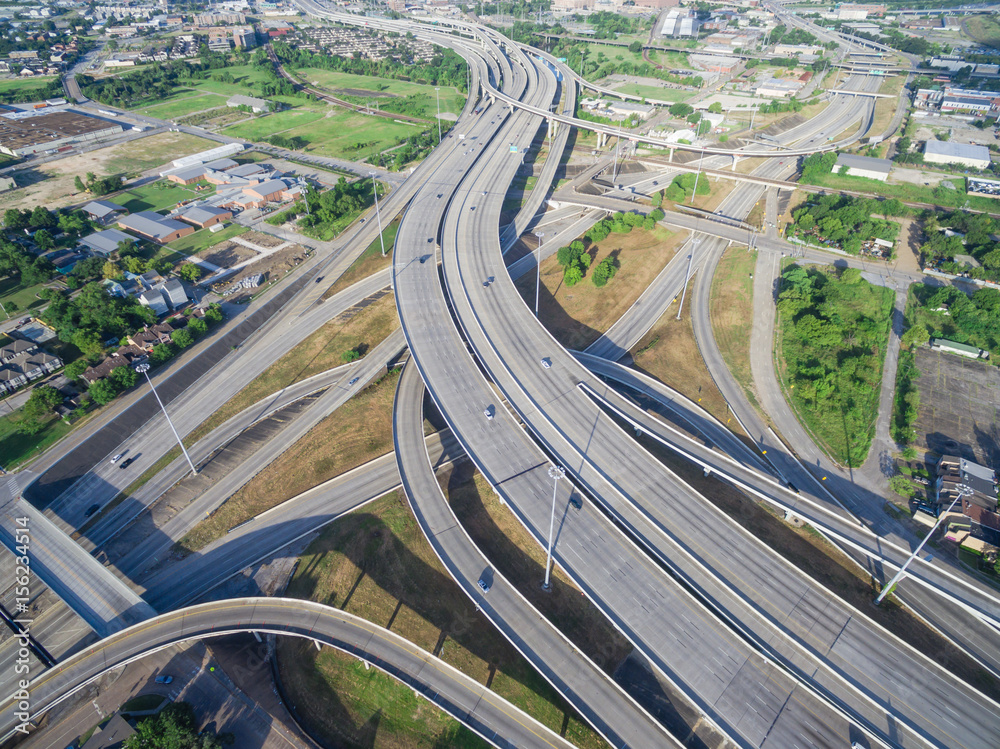 Aerial view massive interstate I69 highway intersection, stack ...
