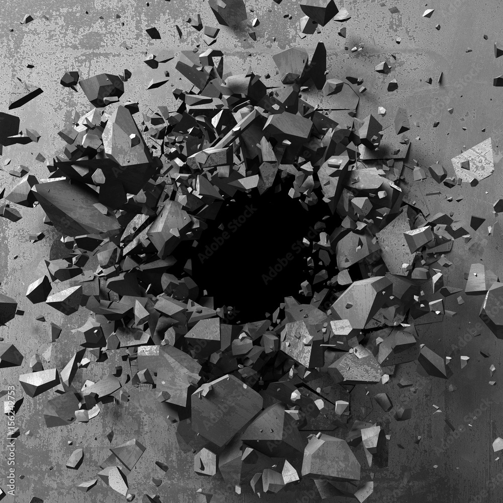 Explosion hole in concrete cracked wall. Industrial background Stock ...