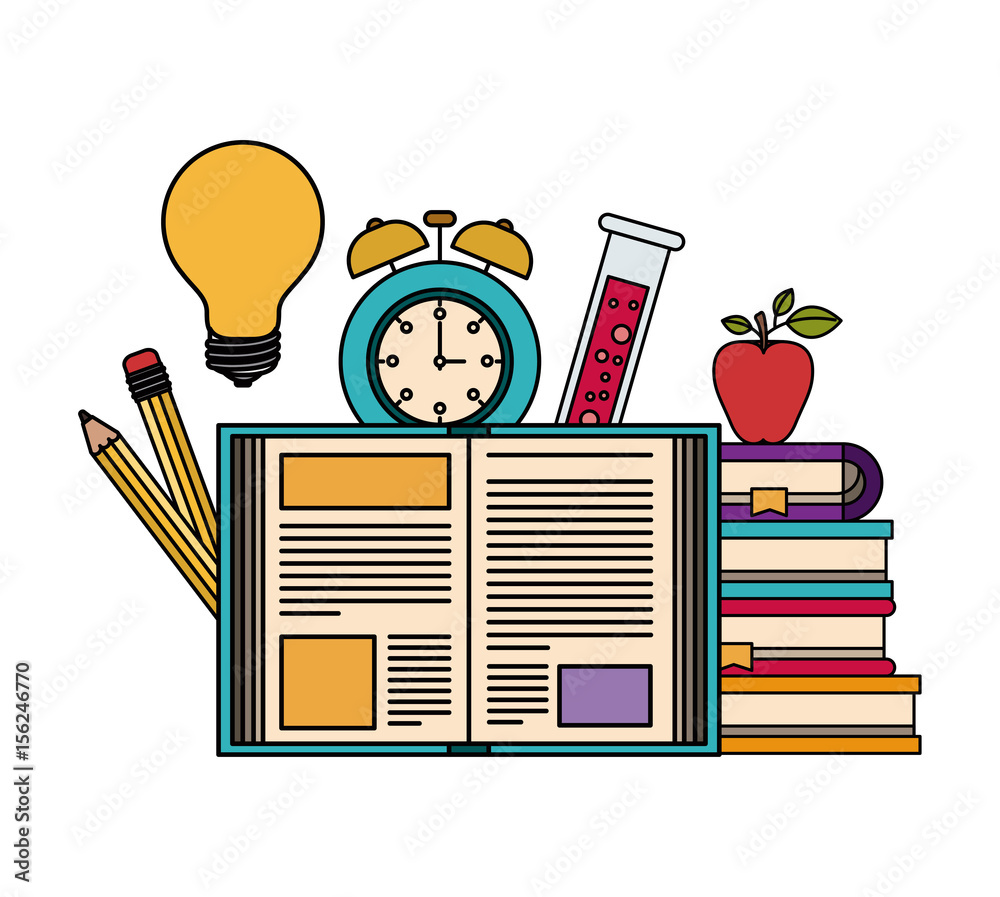 white background with color silhouette set college education items ...