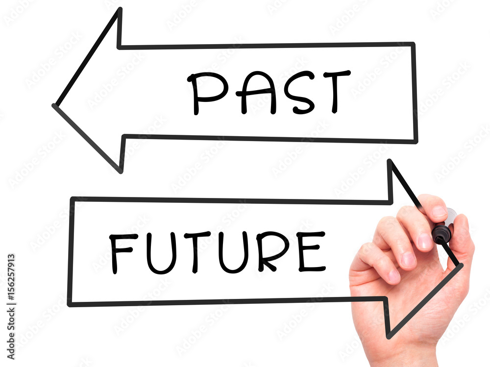 Man Hand writing Past and Future with marker on transparent wipe board ...