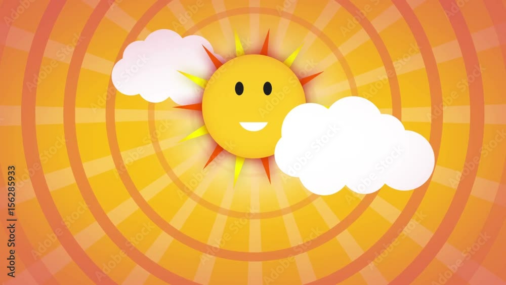 funny Cartoon smiling sun over yellow and orange sky with sunburst and ...