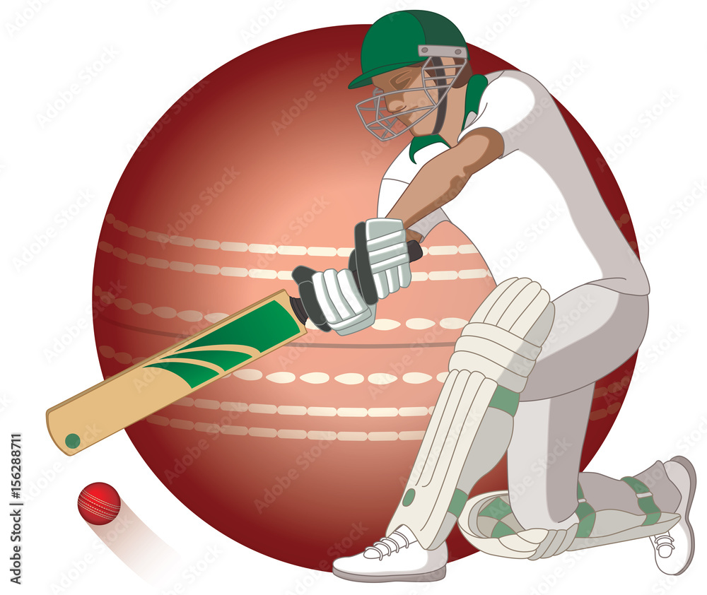 cricket batsman swinging cricket bat with large cricket ball in ...