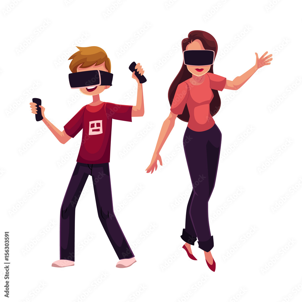 Vecteur Stock Boy and girl wearing virtual reality headsets, cartoon ...