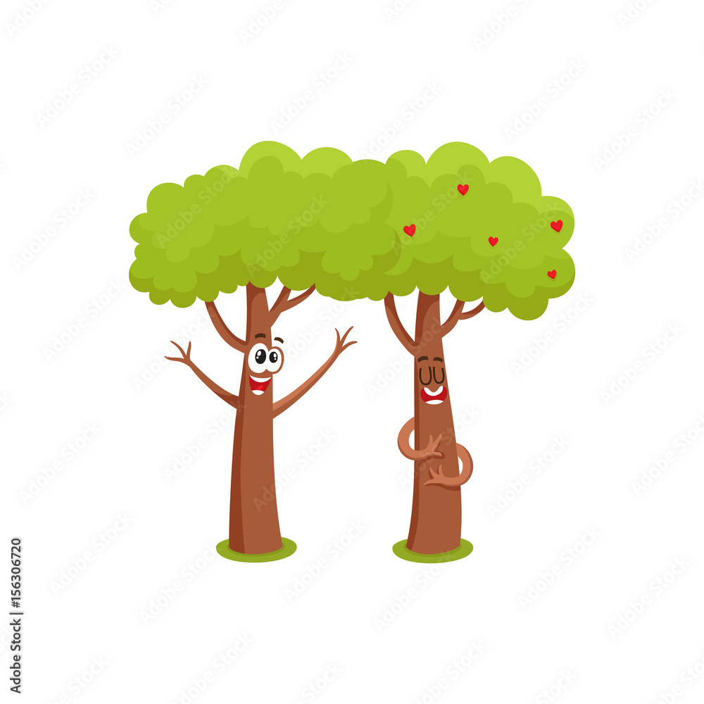 Two funny tree characters, one hugging, showing love, another raising ...