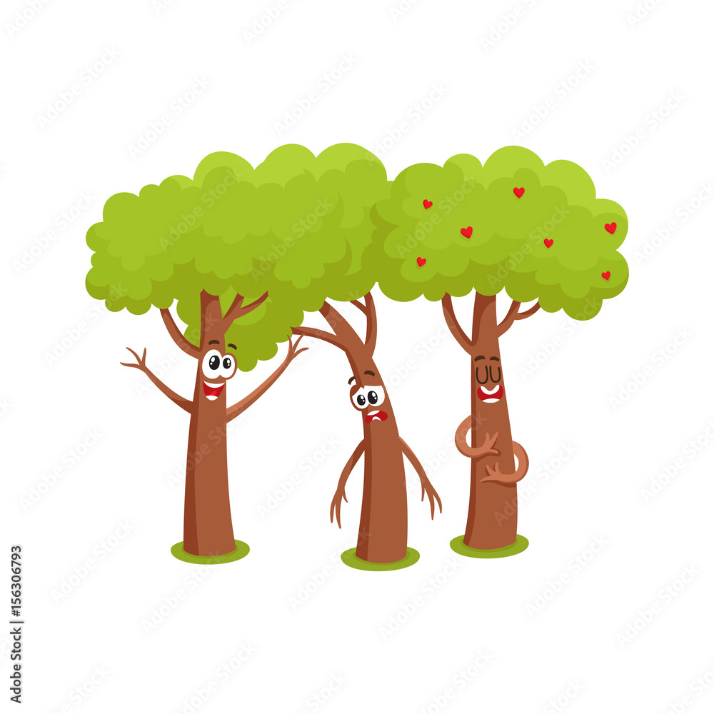 Three funny comic tree characters talking, sad, hussing,garden, love ...
