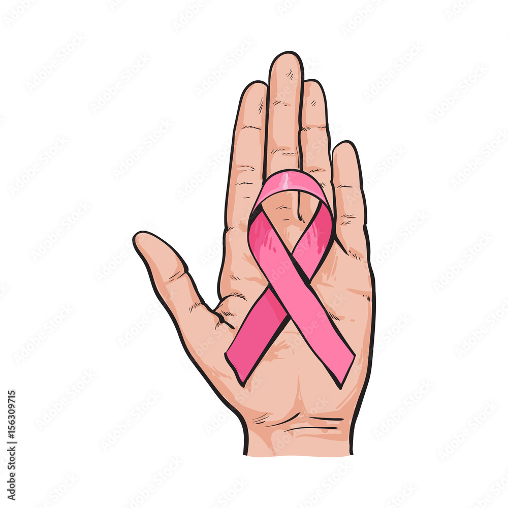 Pink satin ribbon, breast cancer awareness symbol, over open hand palm ...