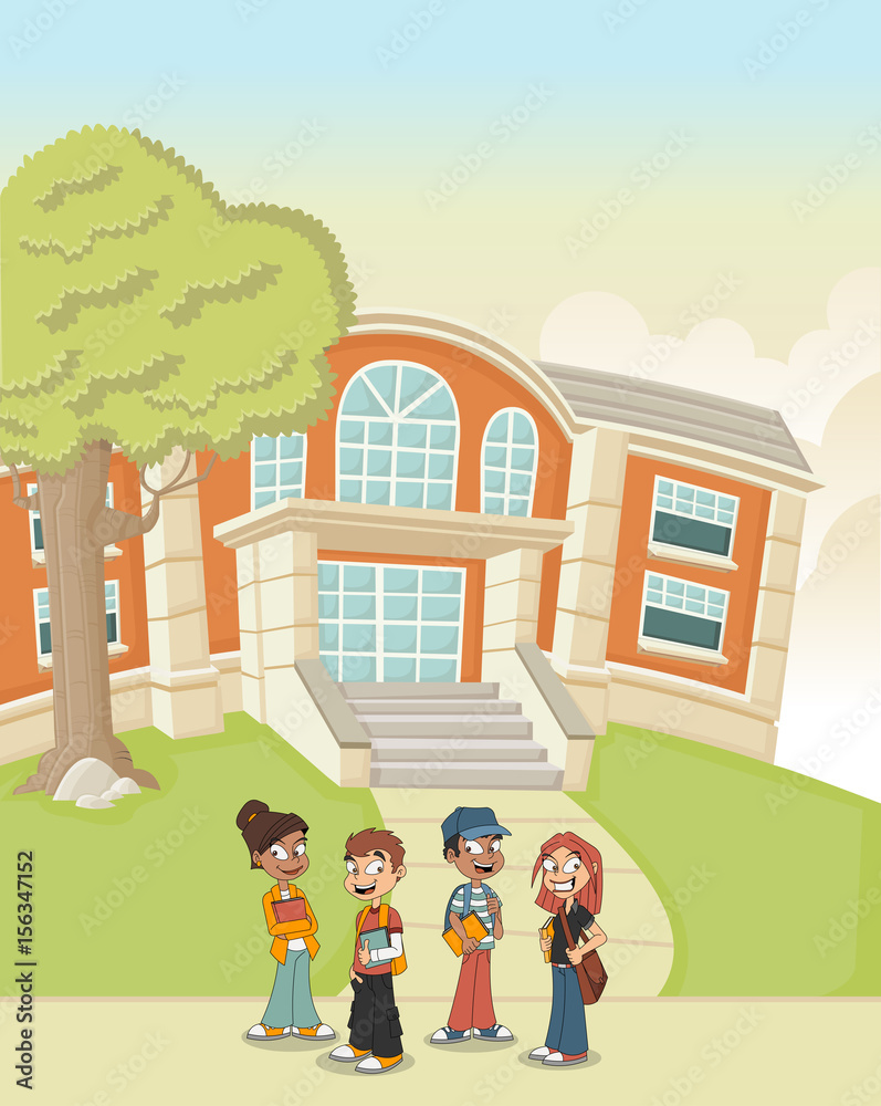 Cartoon students in front of school building. Stock Vector | Adobe Stock