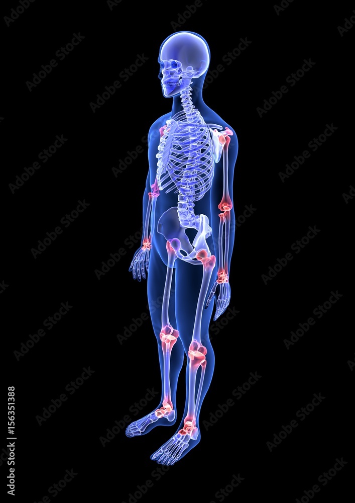 Joint pain. Blue Human Anatomy Body and Skeleton 3D Scan render on ...