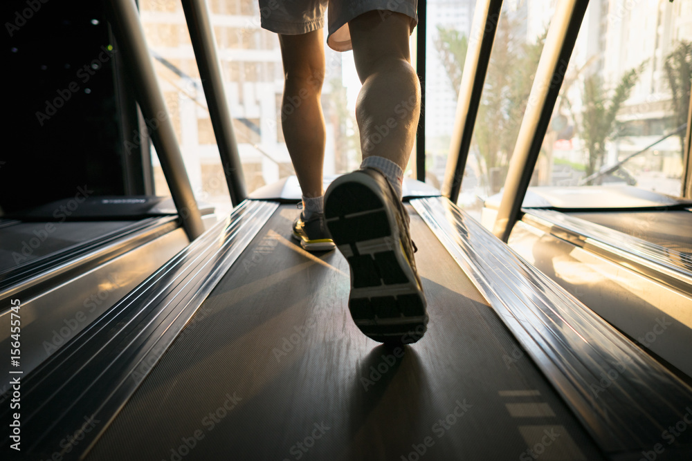 Machine treadmill with people running closeup at fitness gym Stock ...