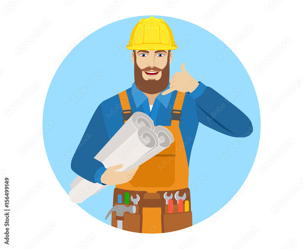 Call me! Worker holding the project plans and showing a call me sign ...