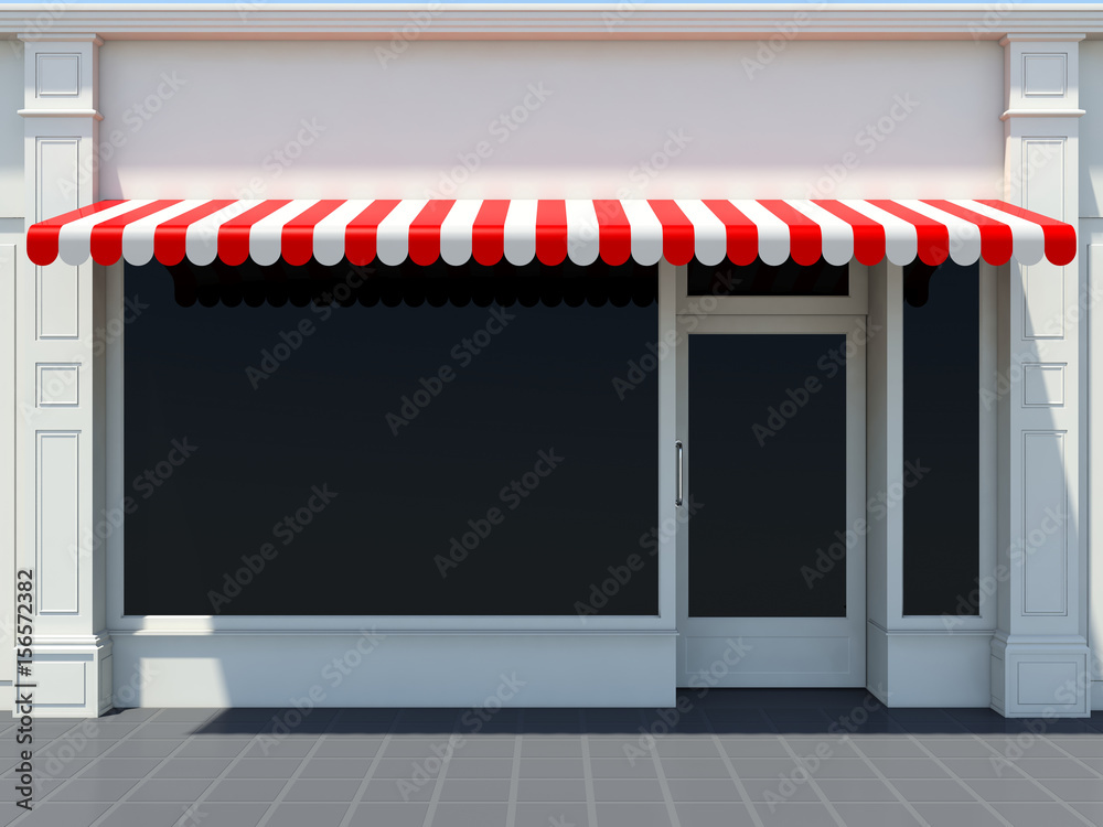 White shopfront in the sun - classic store front with red awnings Stock ...