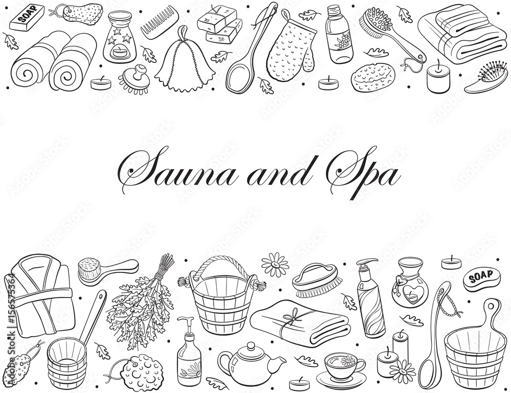 Sauna and spa. Sauna accessories sketches in horizontal composition ...