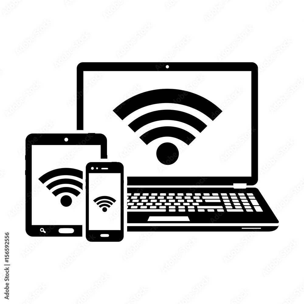Laptop, tablet and smartphone icons with wifi internet connection ...