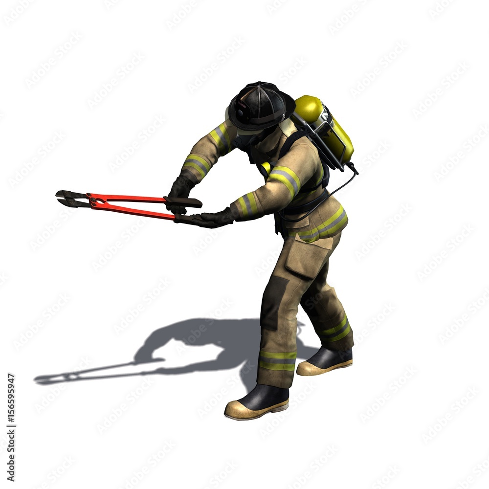 Firefighter cuts with pincerl - isolated on white Firefighter cuts with ...