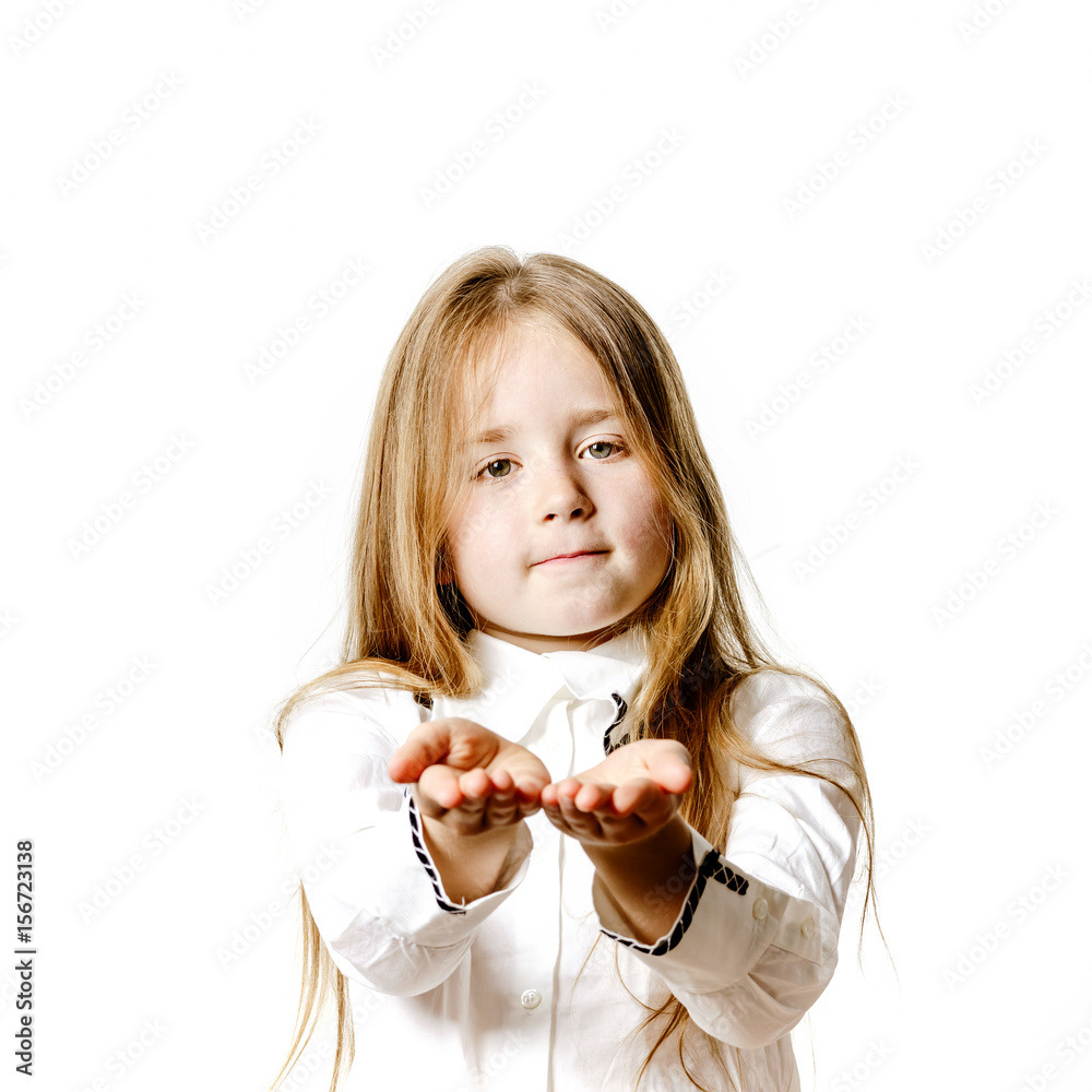 Cute little girl posing for advertising, making signes by hands and ...