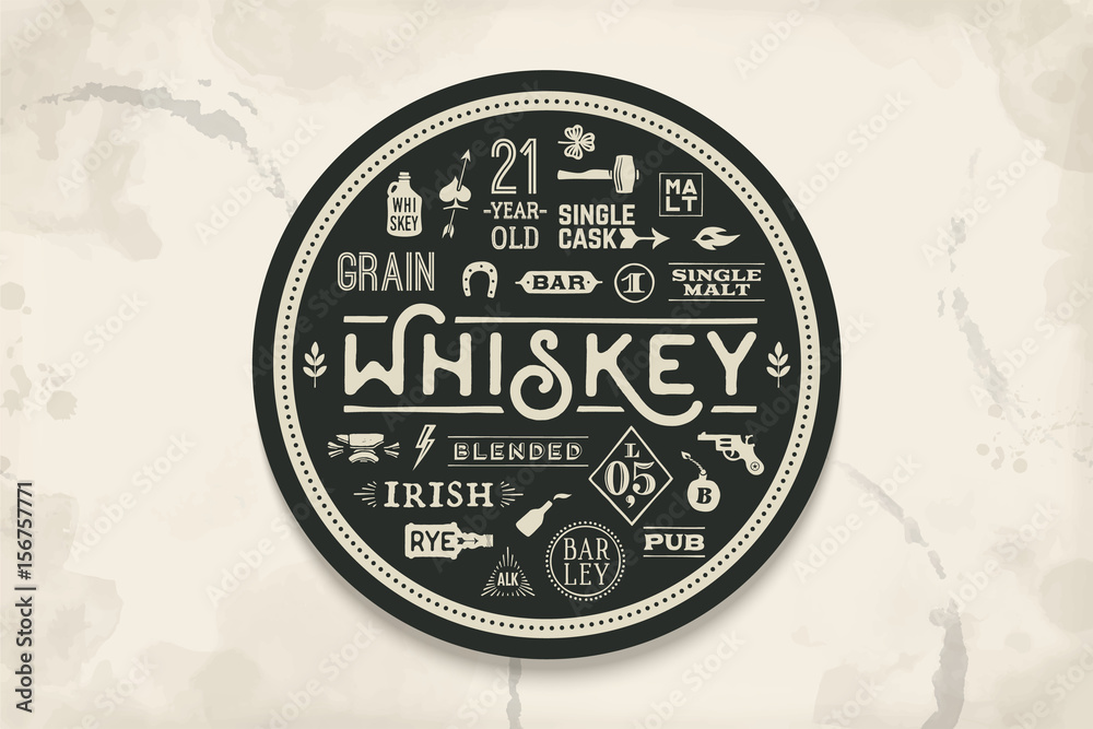 Coaster for whiskey and alcoholic beverages. Vintage drawing for bar ...