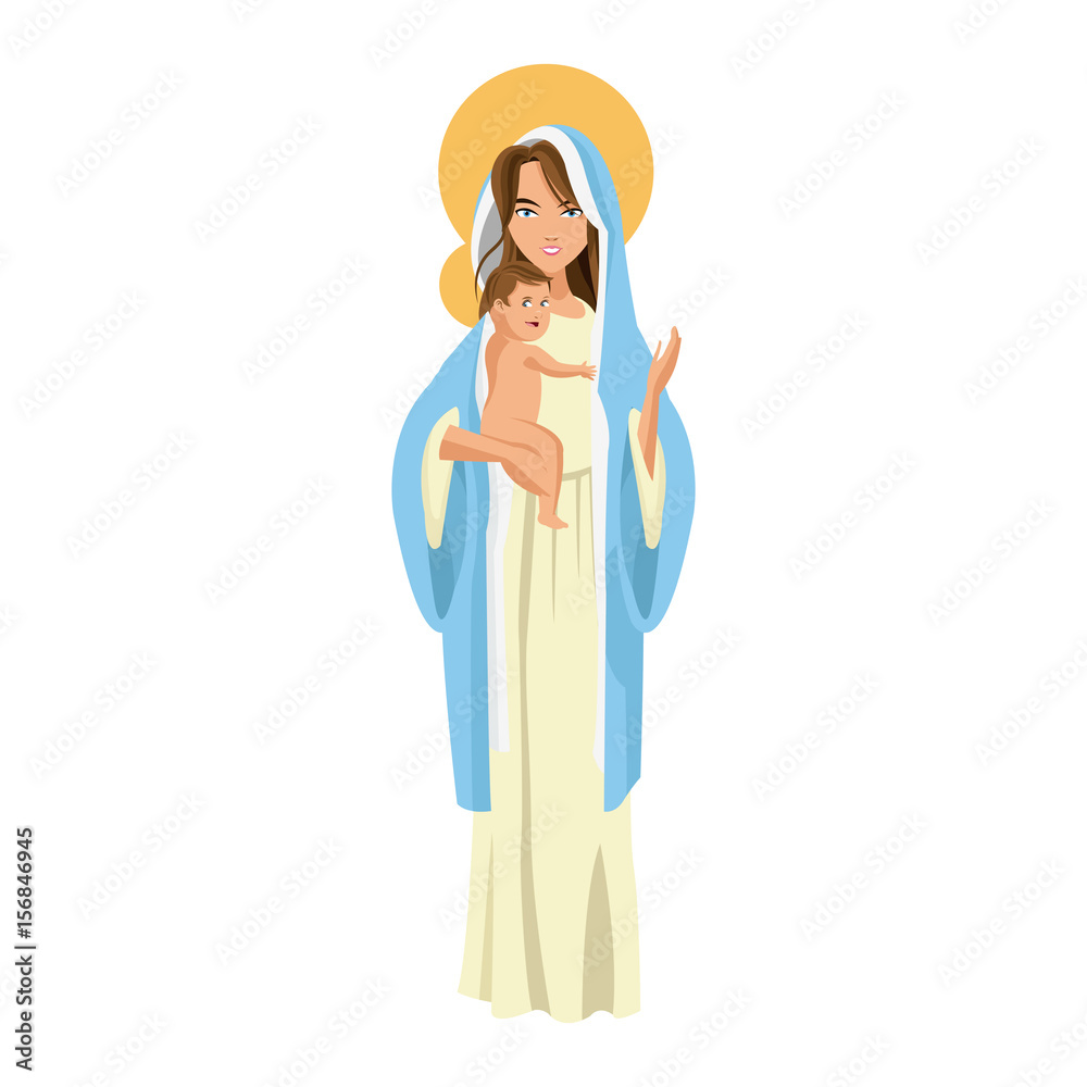 cute virgin mary holding baby jesus cartoon vector illustration ...