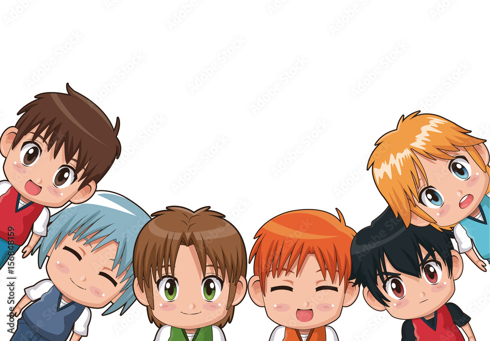border of cute anime tennagers facial expression vector illustration ...