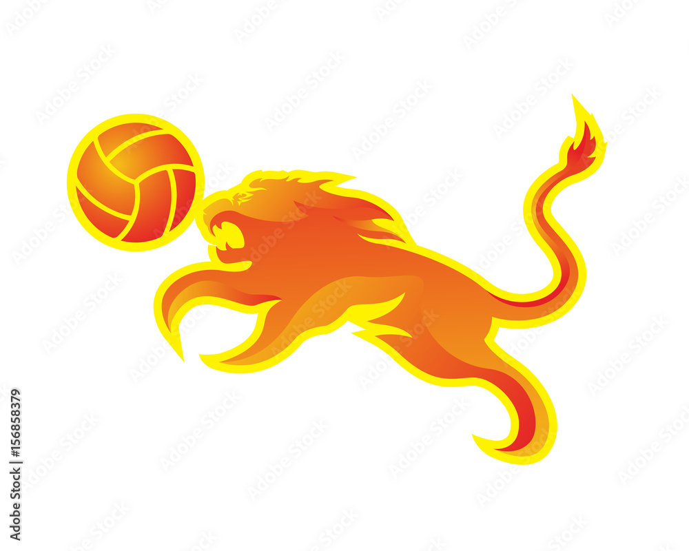 Modern Volleyball Logo - Passionate Flaming Lion And Volleyball Symbol ...