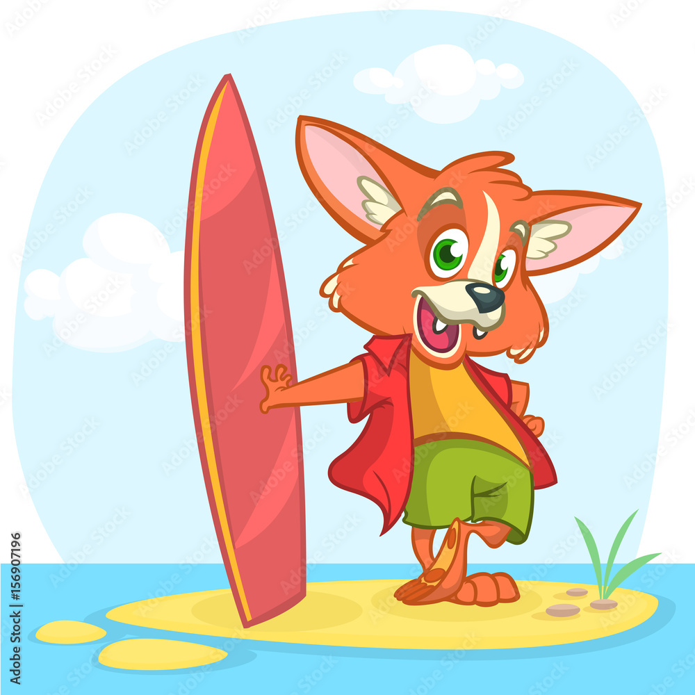 Cartoon summer holiday background with fox surfer. Vector illustration ...