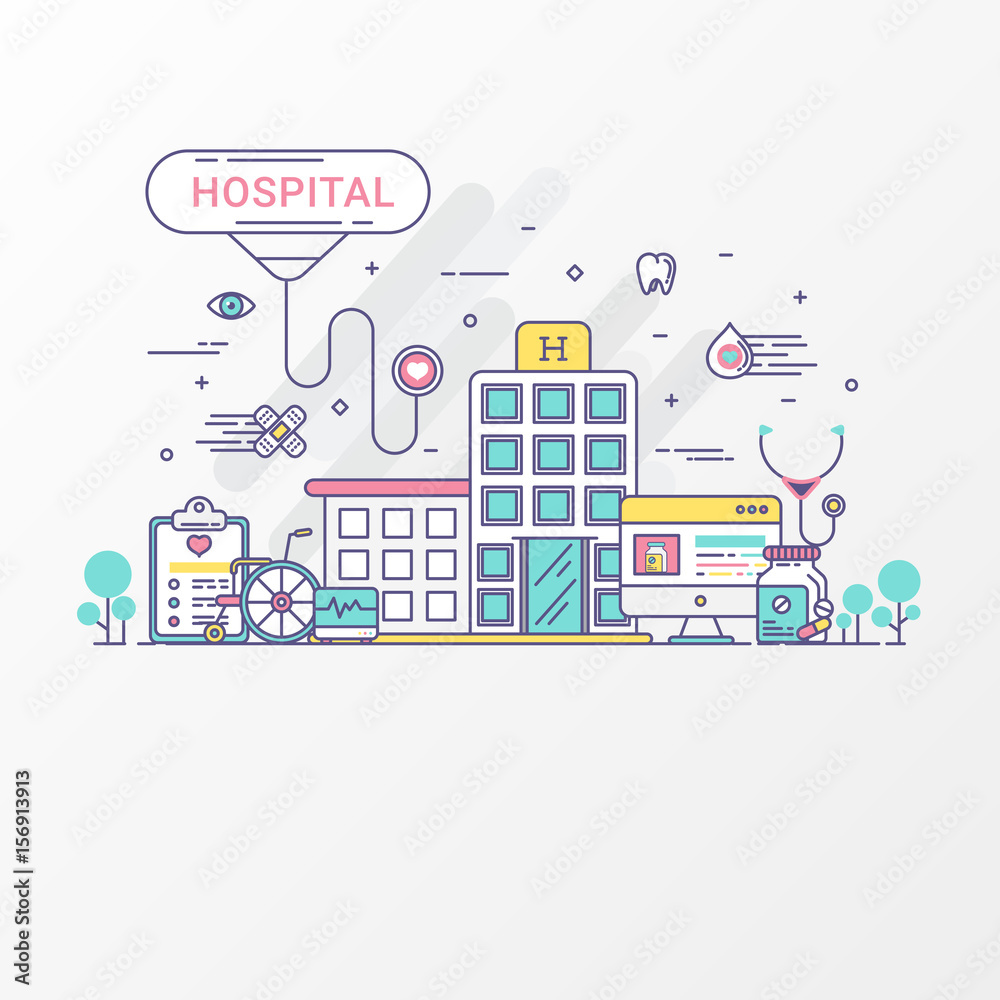 Hospital concept - Medical vector Images flat line style. Set of ...