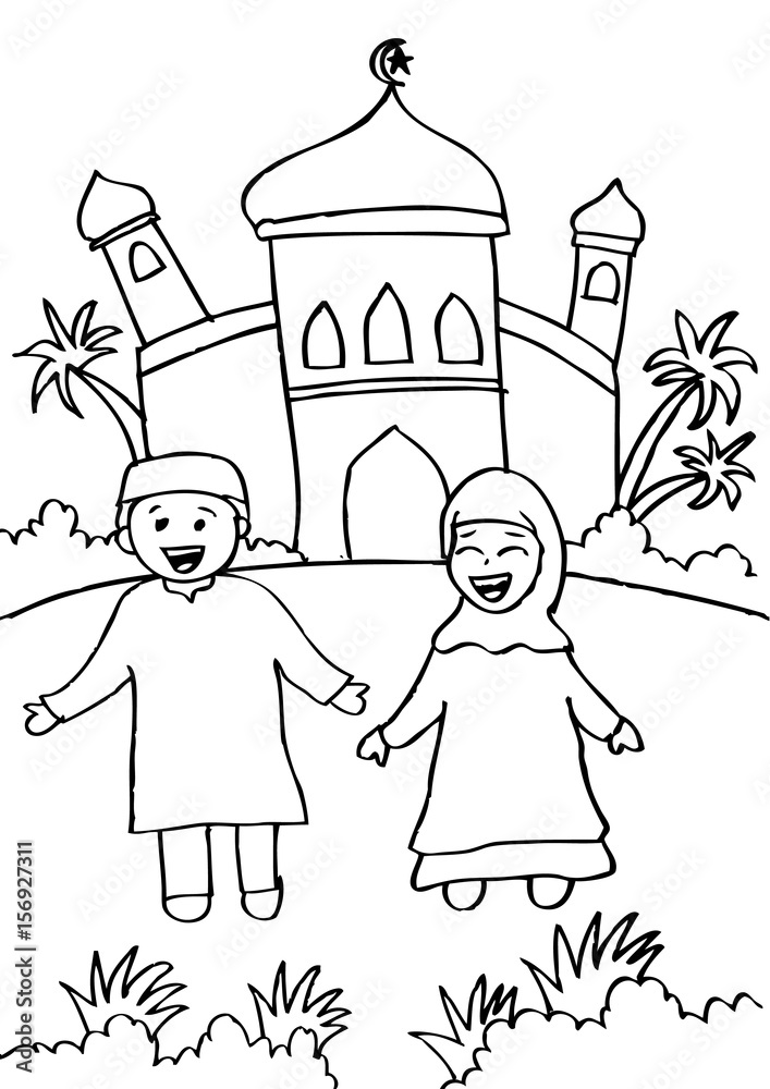 Cute kids cartoon with mosque background. Stock Illustration | Adobe Stock