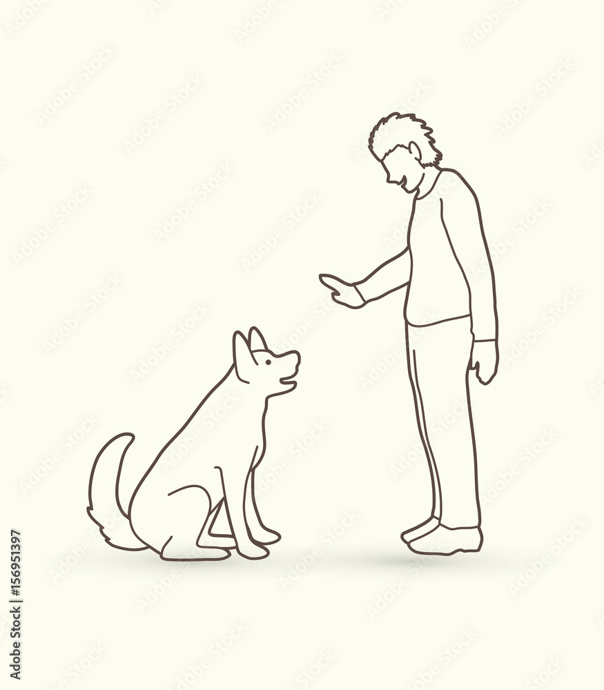 Dog training , A man training a dog outline stroke graphic vector ...