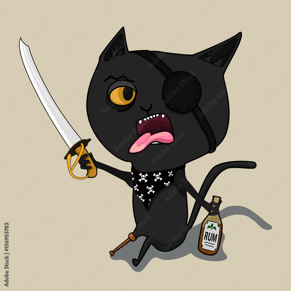Cat Pirate with a bottle of rum and a blade. Cute black cartoon cat ...