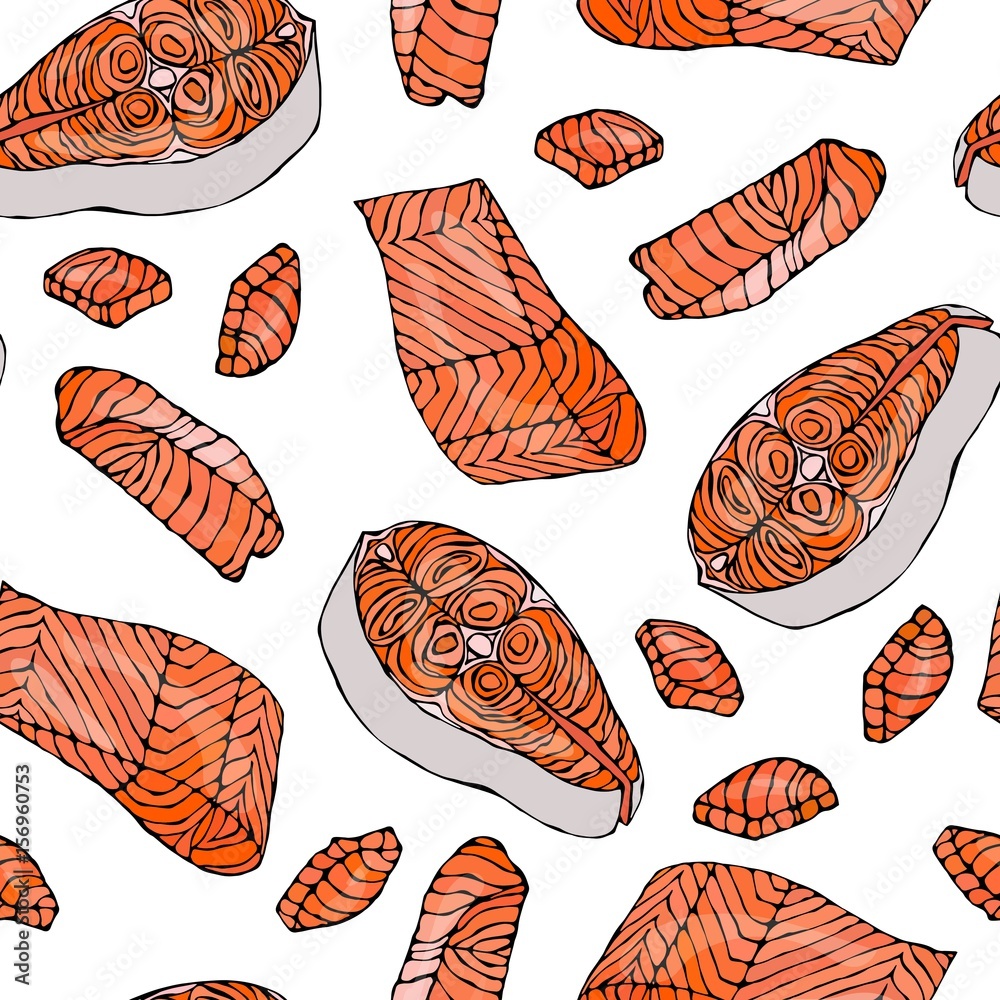 Seamless Pattern with Salmon Filet for Seafood Menu. Ink Vector ...