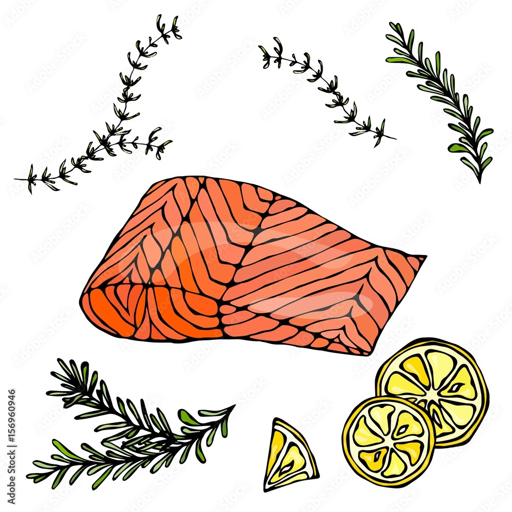 Steak of Red Fish Salmon, Lemon and Herbs for Seafood Menu. Ink Vector ...