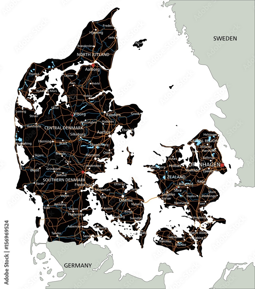 High detailed Denmark road map with labeling. Stock Vector | Adobe Stock