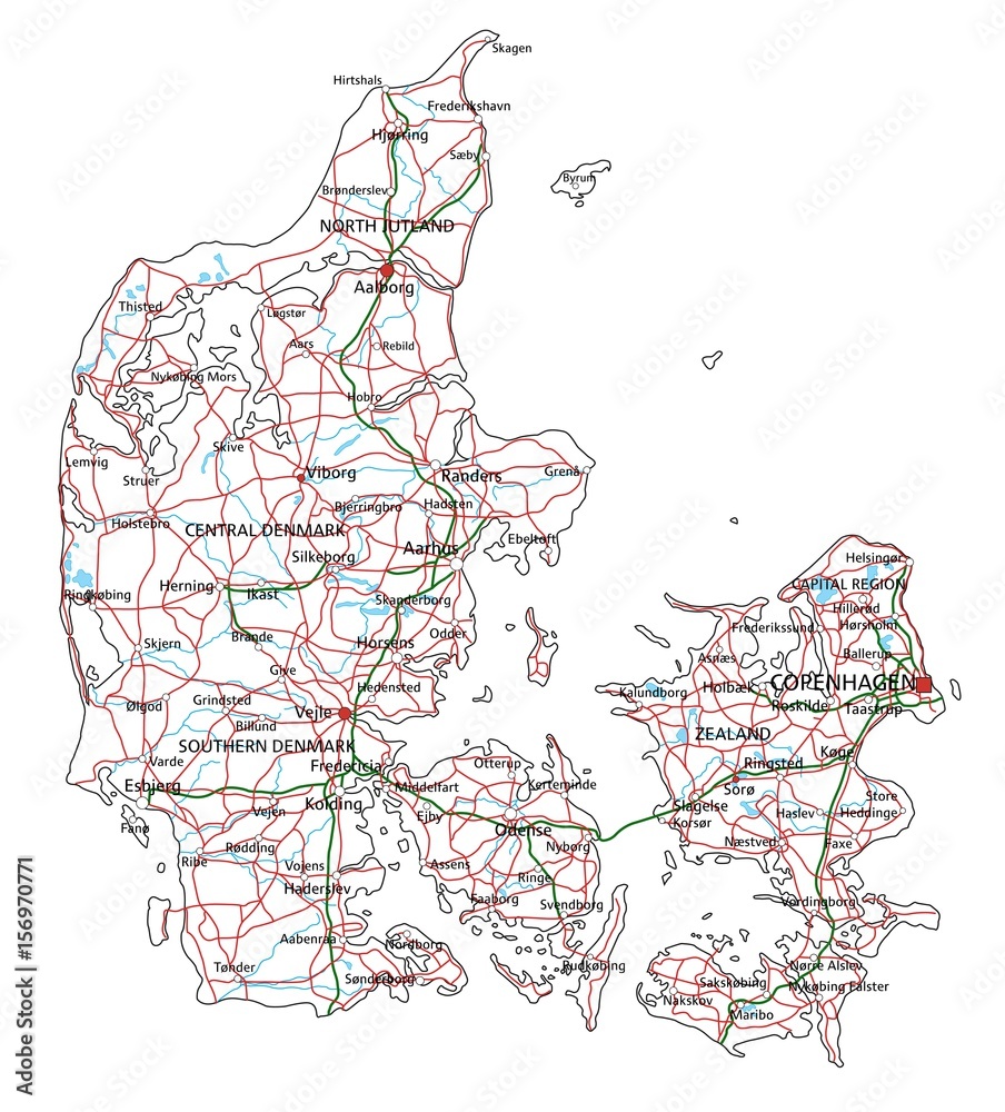 Denmark road and highway map. Vector illustration. Stock Vector | Adobe ...