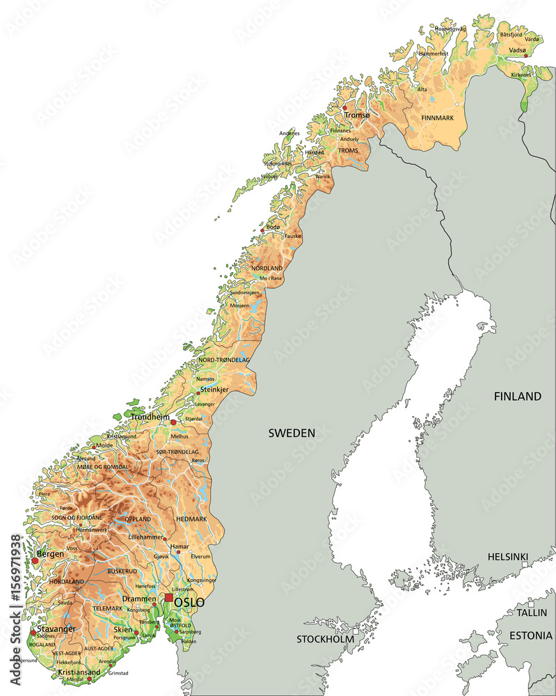 High detailed Norway physical map with labeling. Stock Vector | Adobe Stock