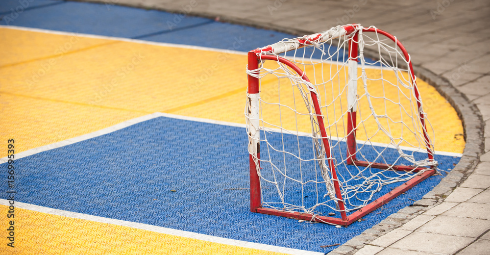 Small soccer field with football goal on children playground yard Stock ...