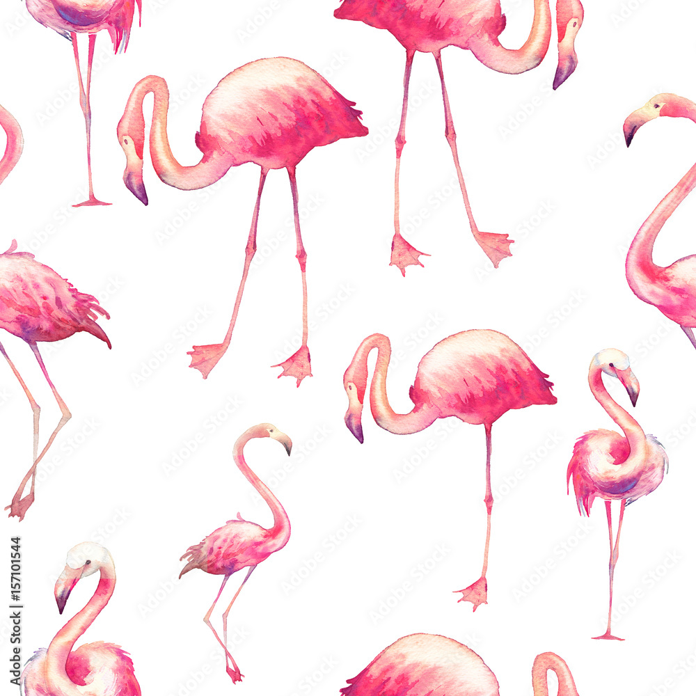 Watercolor flamingo seamless pattern. Hand painted texture with bright ...