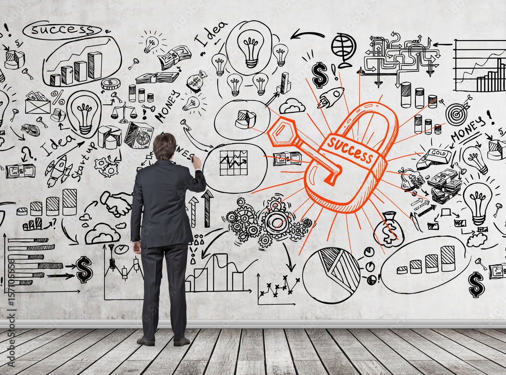 Businessman drawing business scheme, lock and key Stock Photo | Adobe Stock