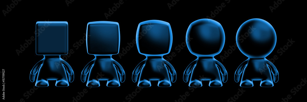 five blue human 3d people with heads shaped from spherical to cubical ...