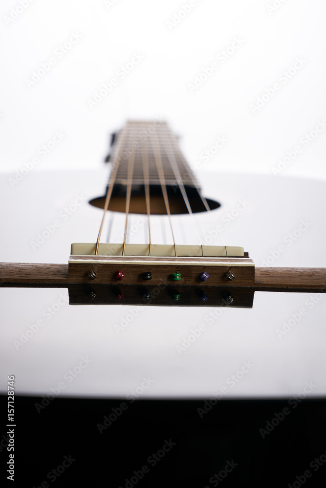 Part of a black Six-string classical acoustic guitar on black ...
