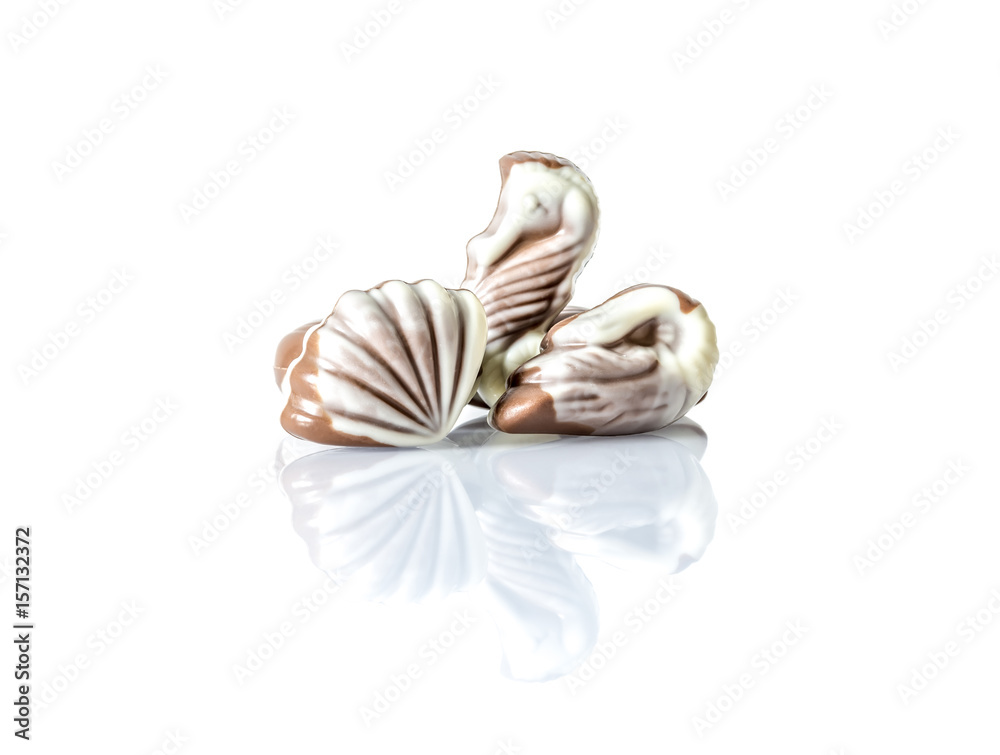 Chocolate candy in the form of sea shells on white table with ...